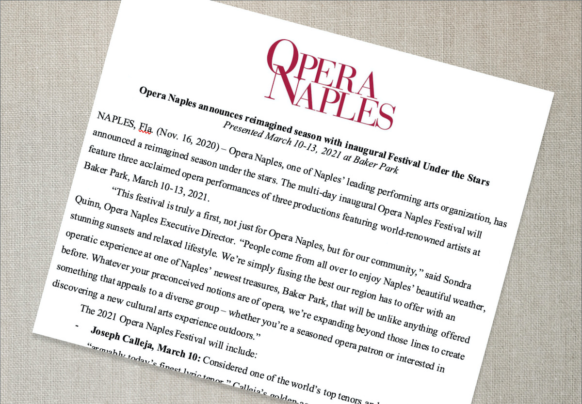 Opera Naples announces reimagined season with inaugural Festival Under ...