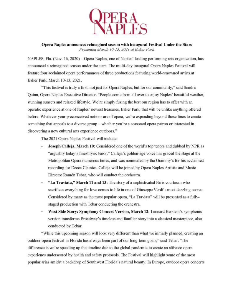 Opera Naples announces reimagined season with inaugural Festival Under ...