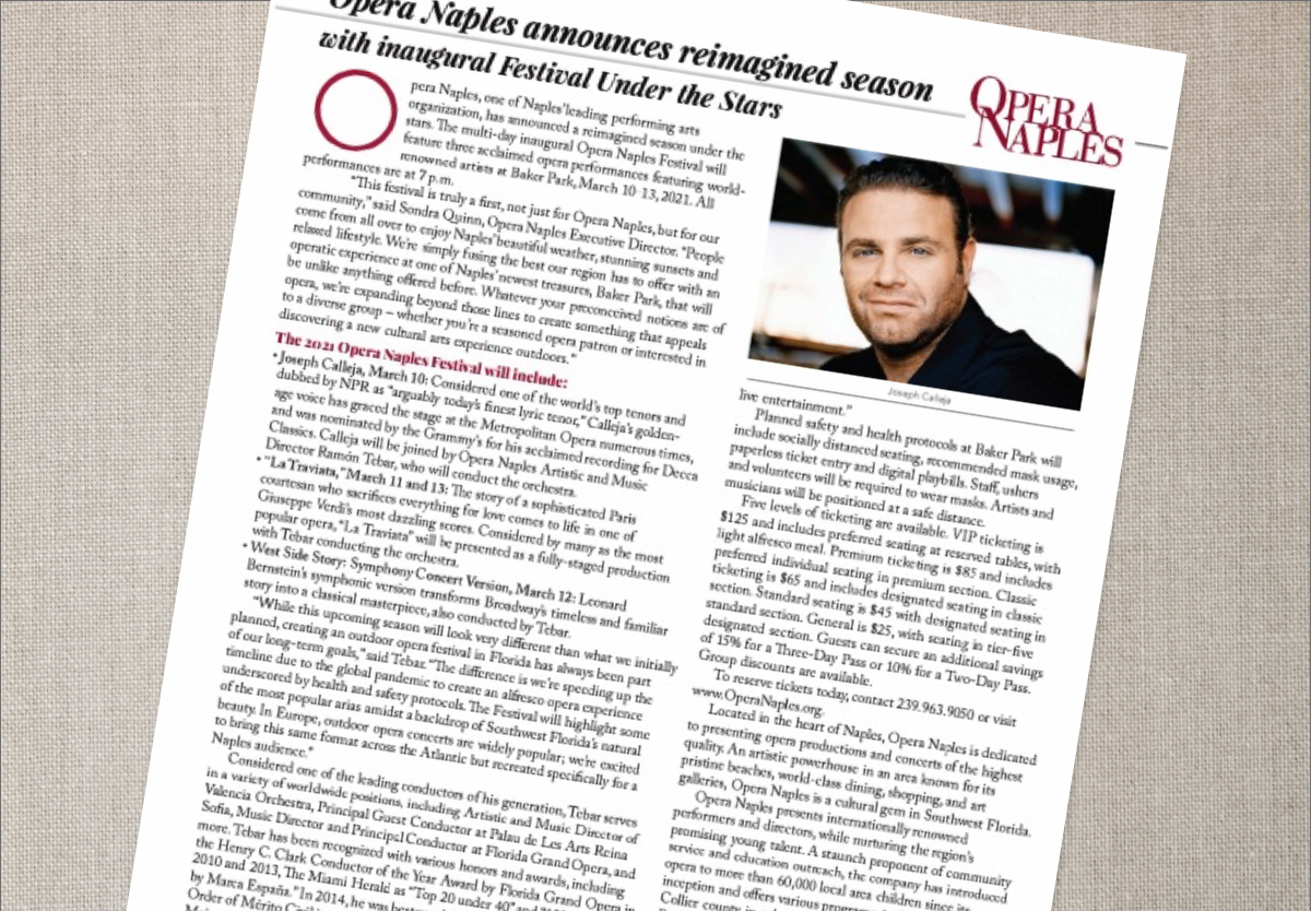 Opera Naples announces reimagined season - Opera Naples